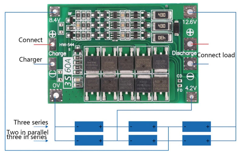 3s Li-Ion 60A 10.8V - 12.6V BMS with balance - Battery 101